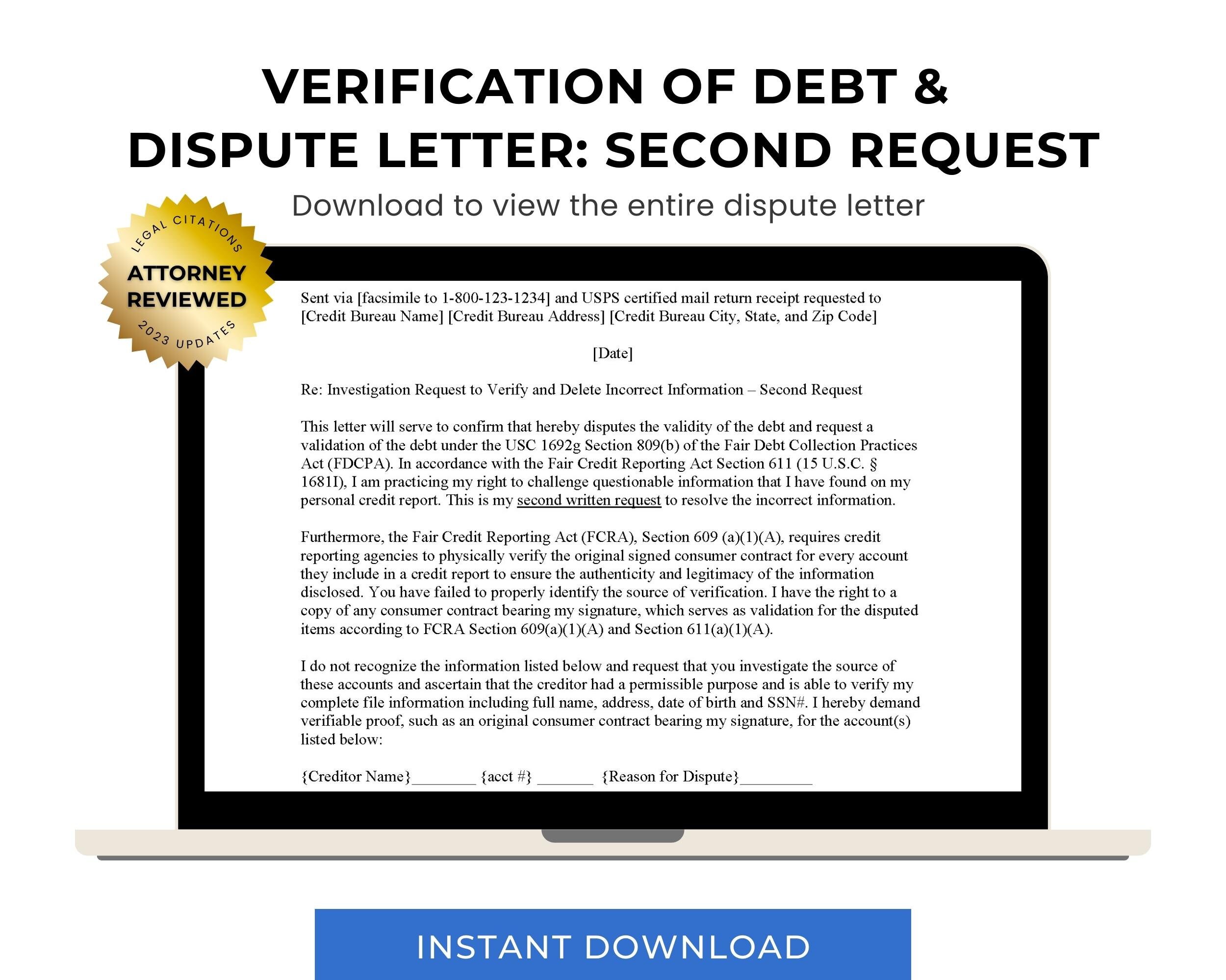SECOND Credit Dispute Letter Template, Credit Repair Letter, Debt ...