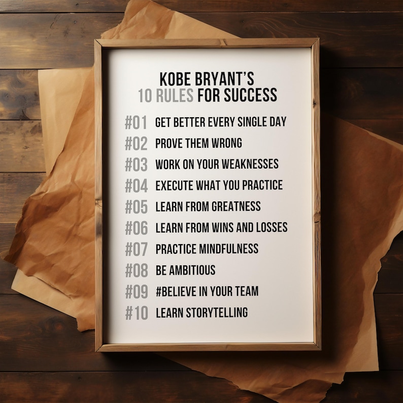 Kobe Bryant 10 Rules for Success Poster | Mamba Mentality Motivation ...