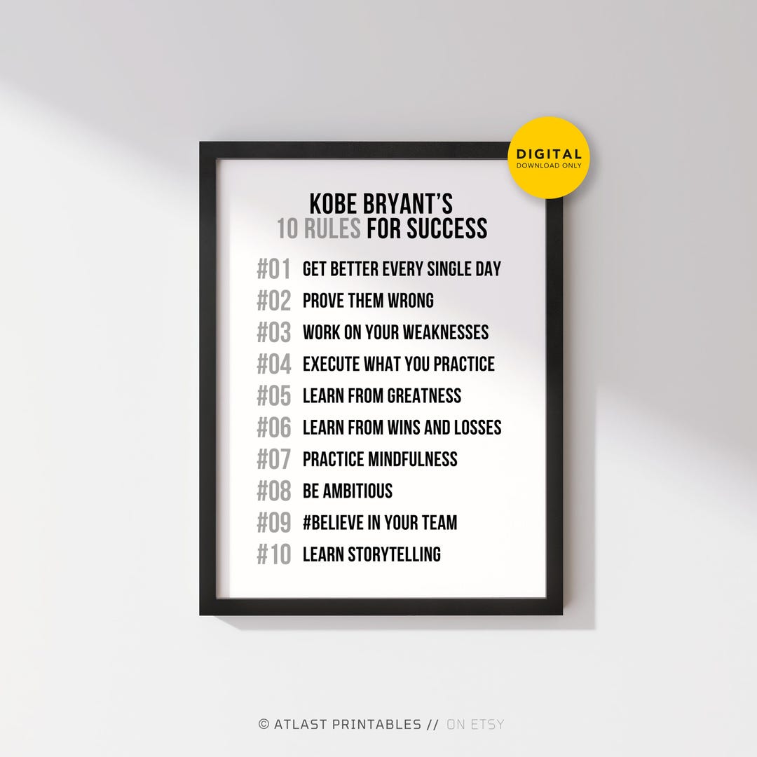Kobe Bryant 10 Rules for Success Poster | Mamba Mentality Motivation ...