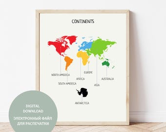 Kids Continents Poster, Montessori Colored Continent Map, Educational ...