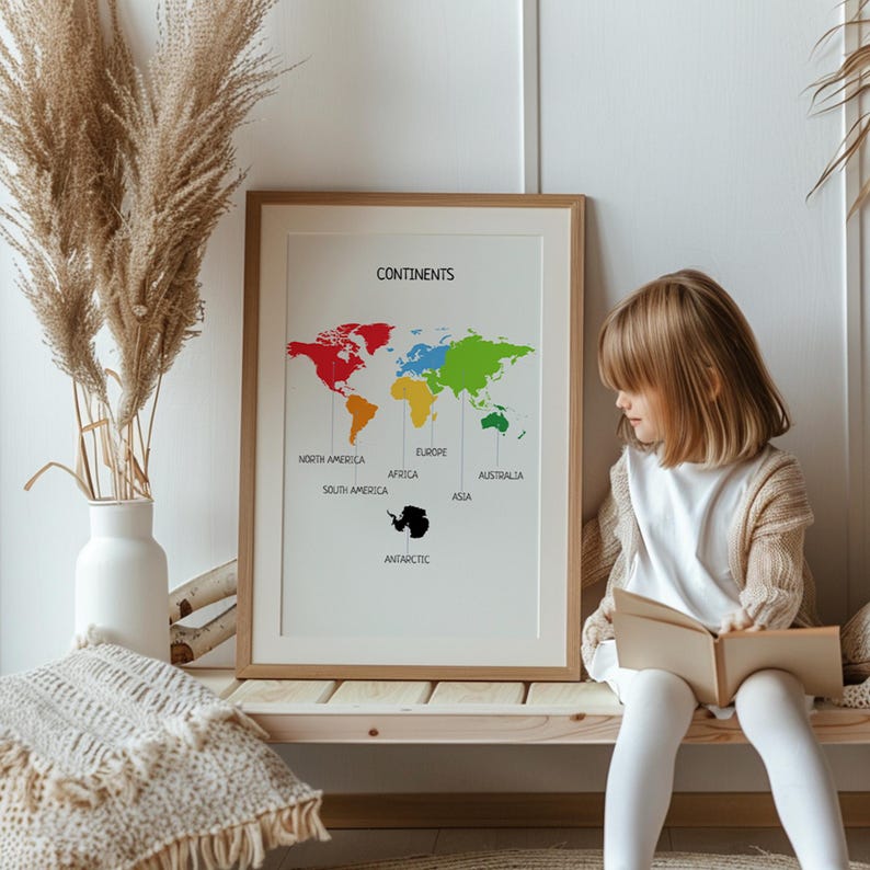 Kids Continents Poster, Montessori Colored Continent Map, Educational ...