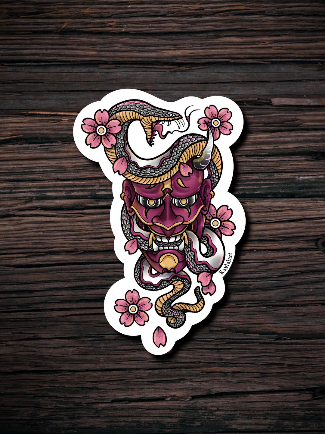 Pink Oni Mask Sticker, Oni and Snake Japanese Tattoo Style, Anime ...