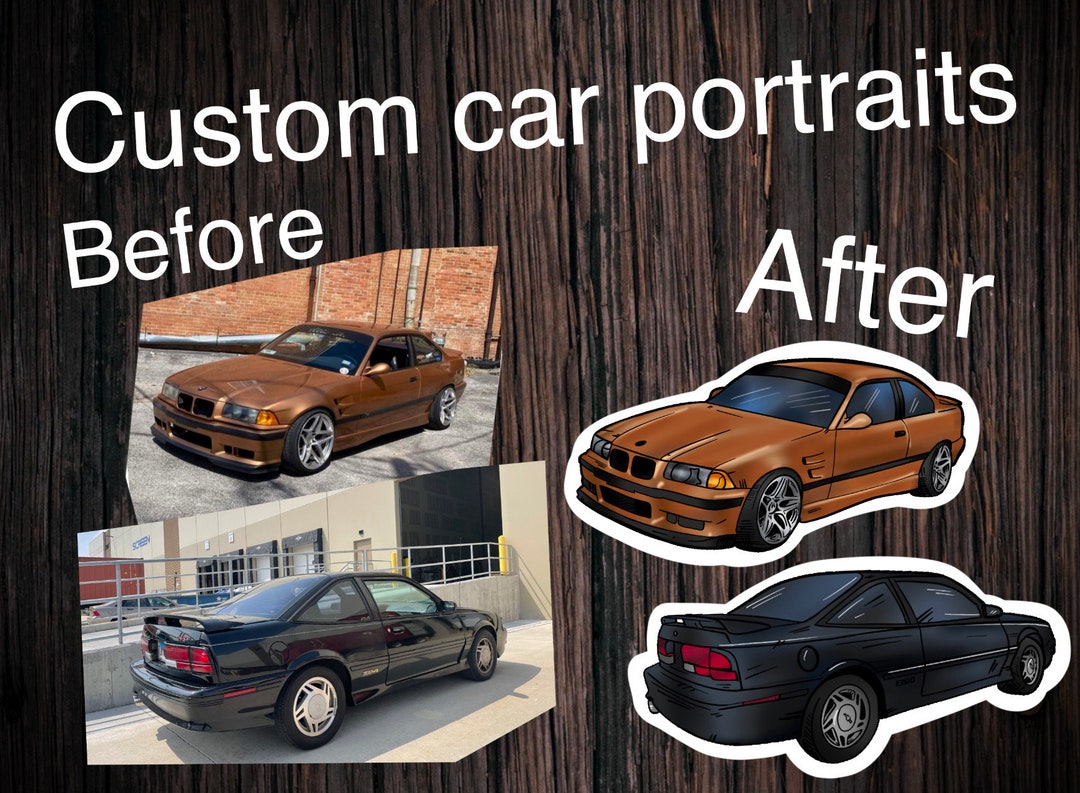 Custom Car Drawing Sticker, Car Portrait, Car Artist, Car Sticker Set ...
