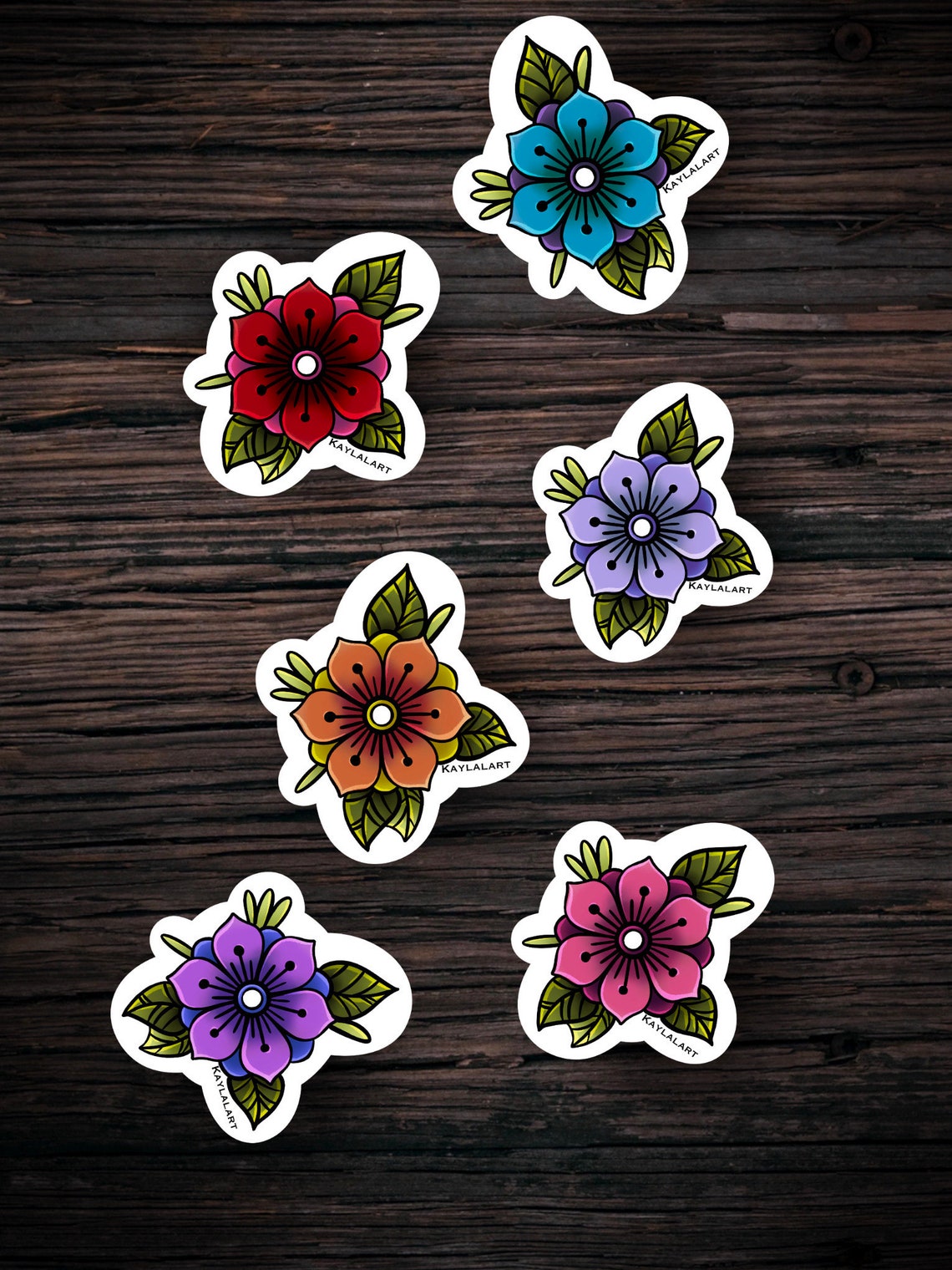 Rainbow Flower Sticker Set, Traditional American Tattoo Style Sticker ...