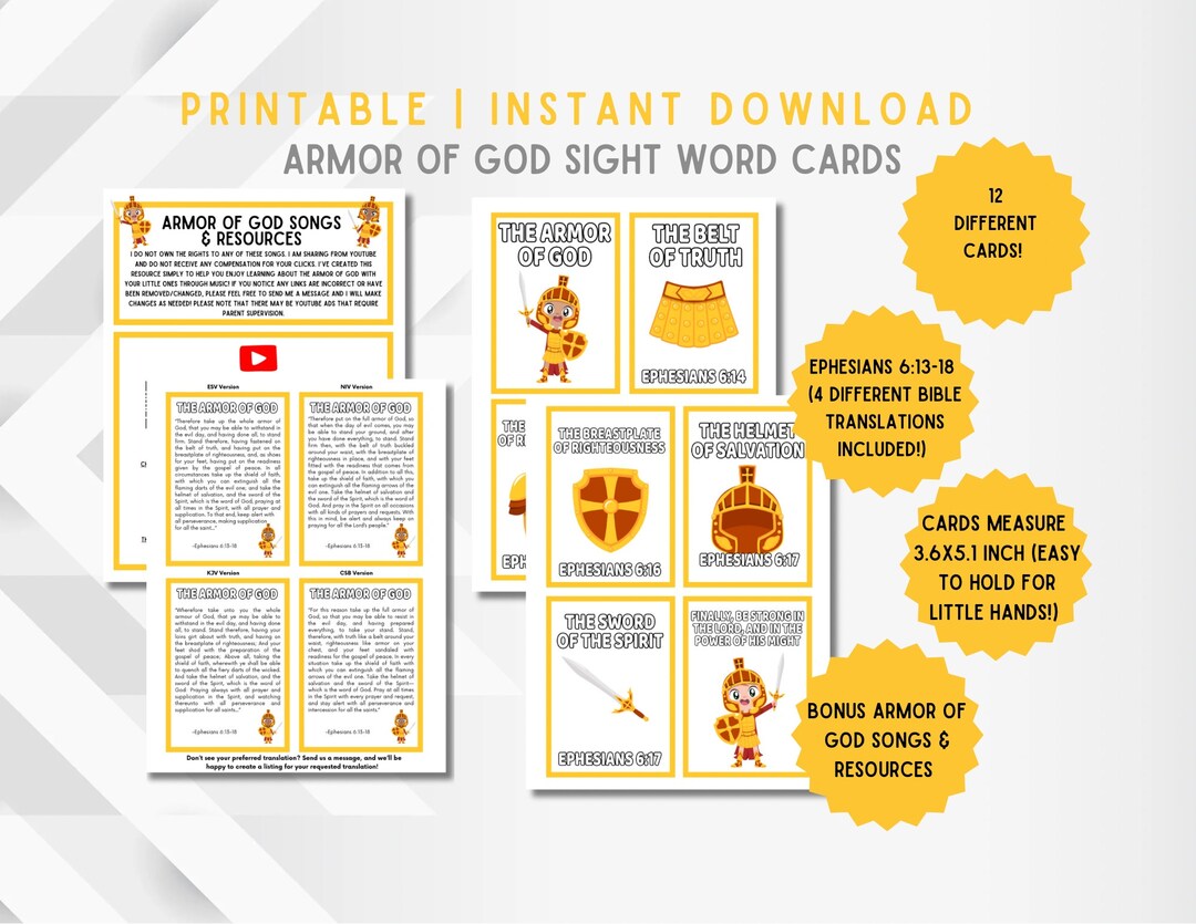 Armor of God Flash Cards for Kids Church Activity for Sunday School ...