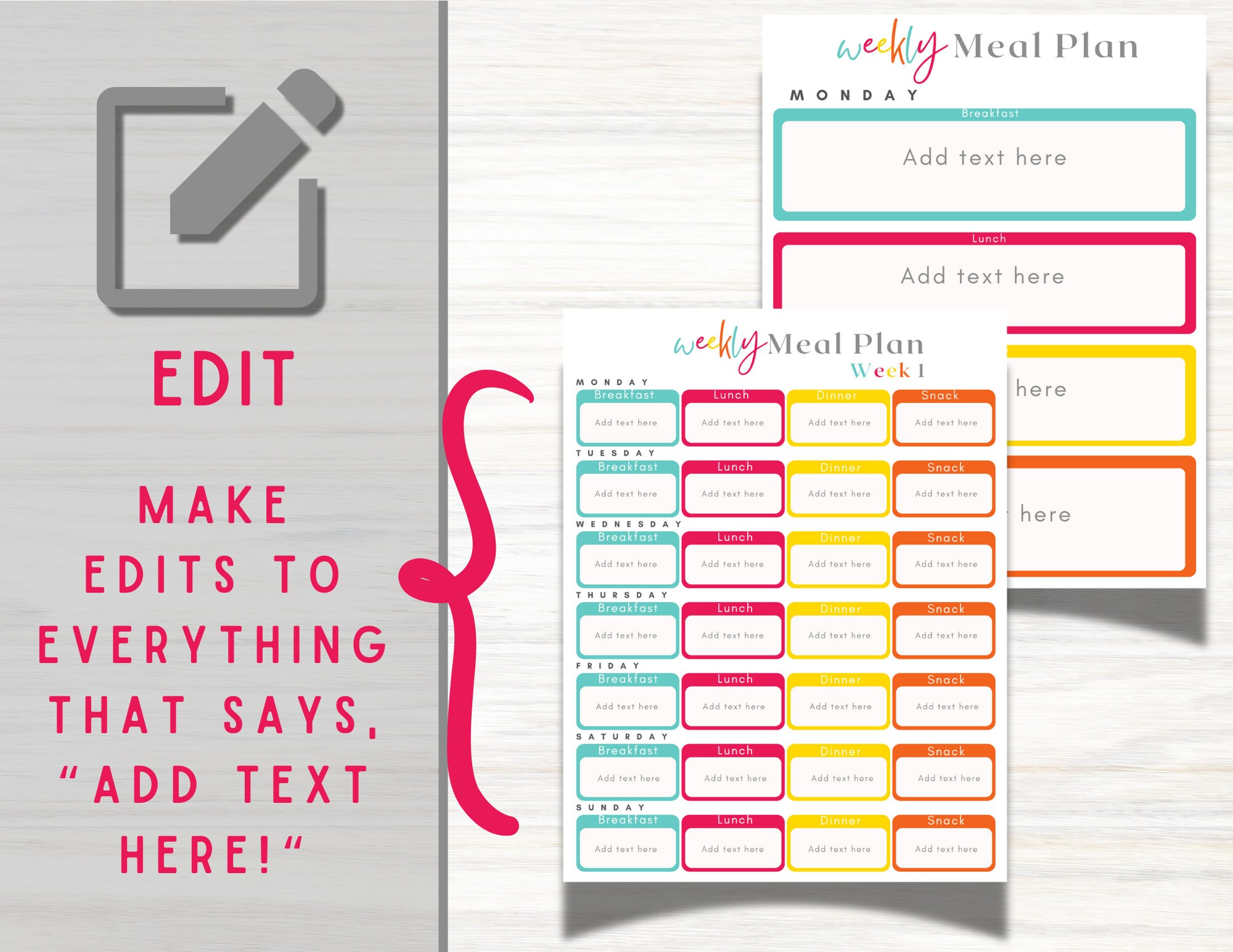 Editable Daily/weekly Meal Planner Printable Monday Start Weekly Menu ...