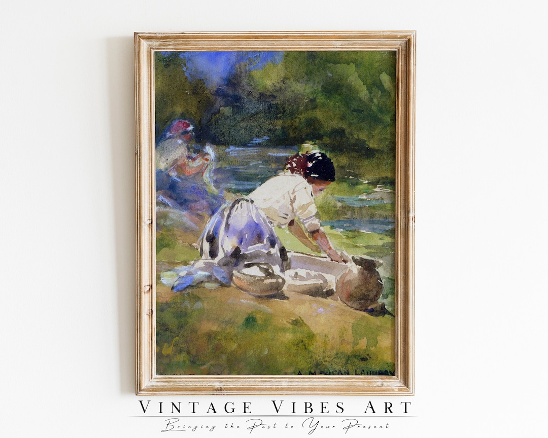 Printable Vintage Mexican Woman Washing Clothes by the River Watercolor ...