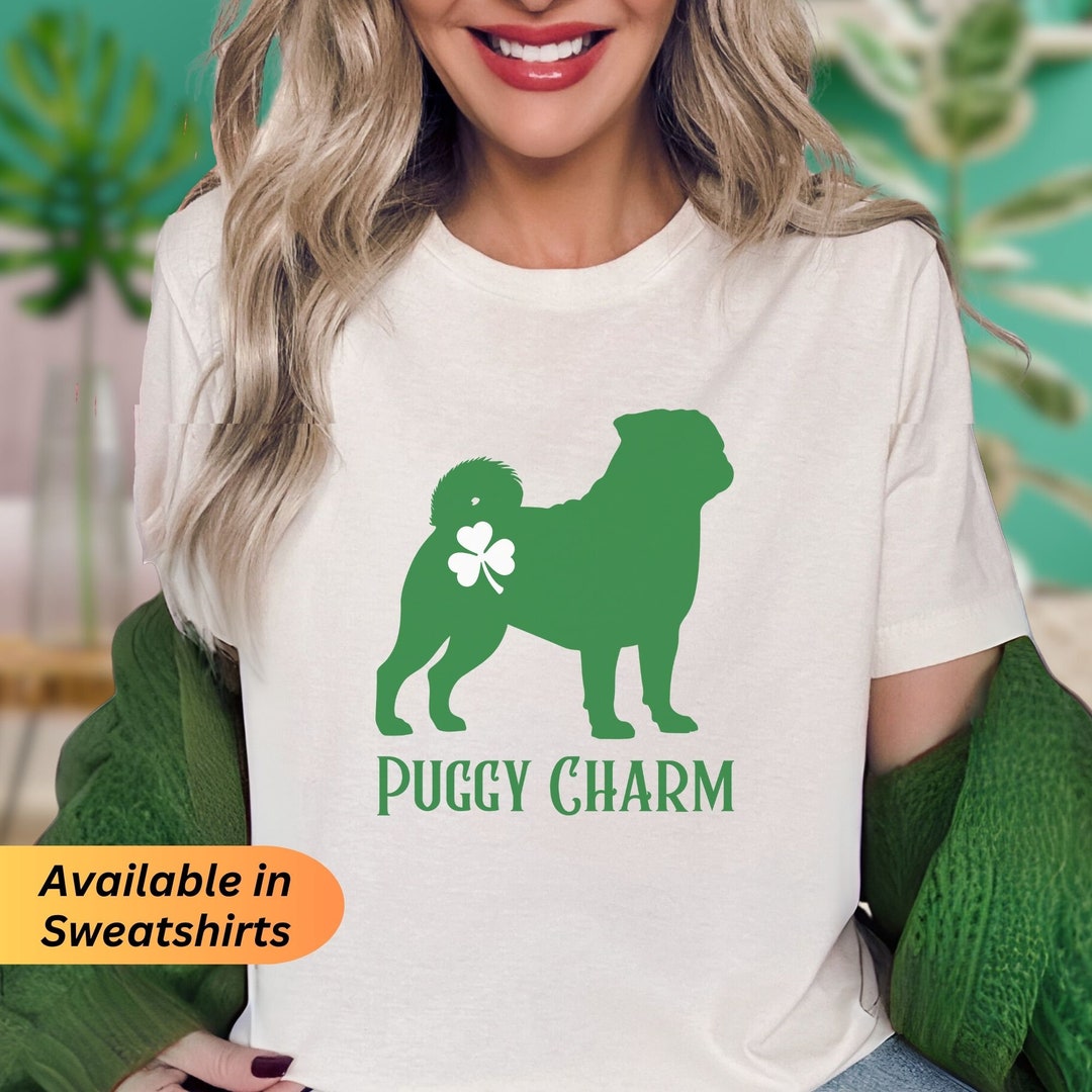 St Patrick Pug Shirt, Pug With Shamrock "puggy Charm" T-shirt for Saint ...