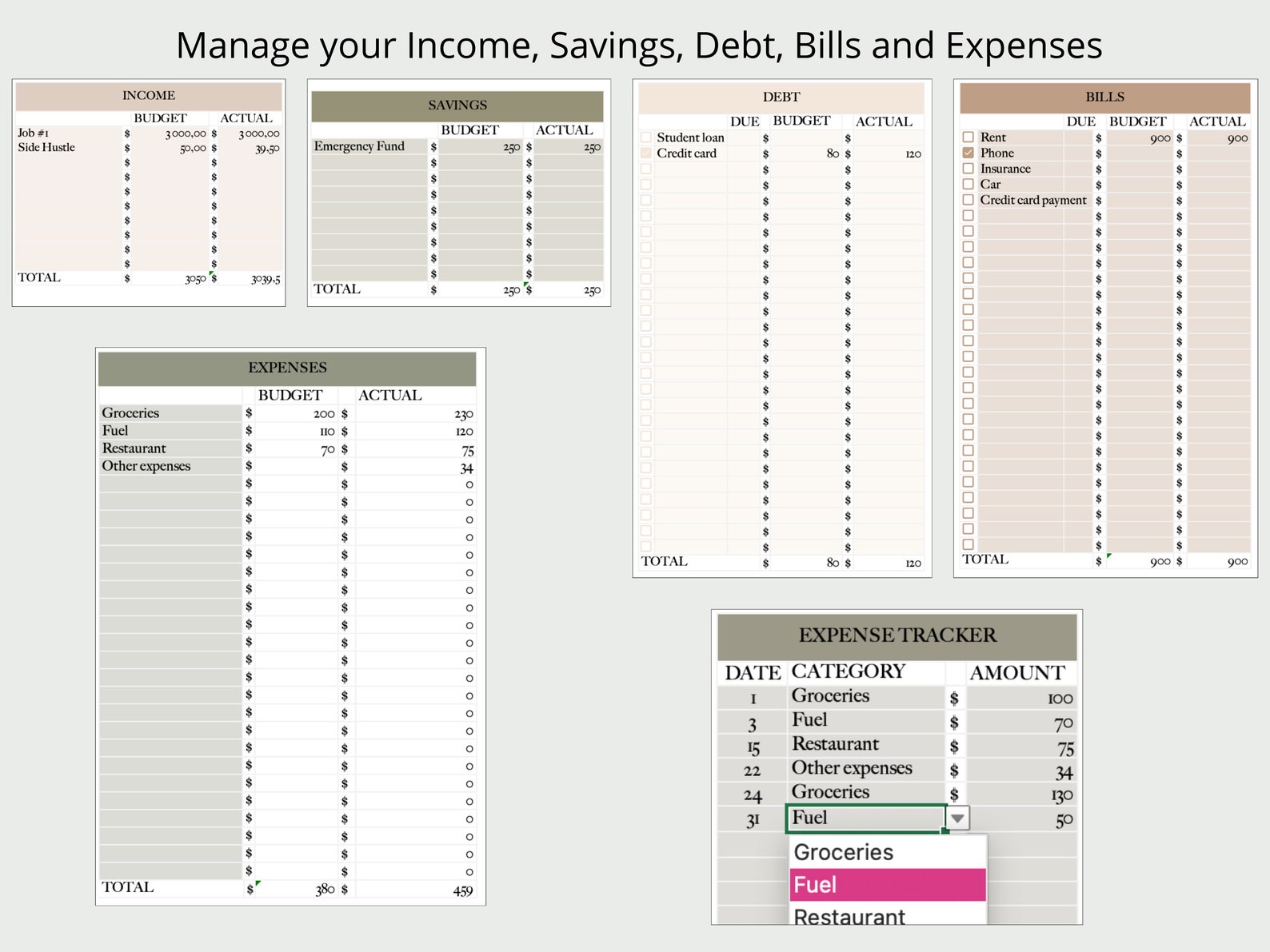 Minimalist Budget Planner Excel Google Sheets Spreadsheet Neutral Beige ...