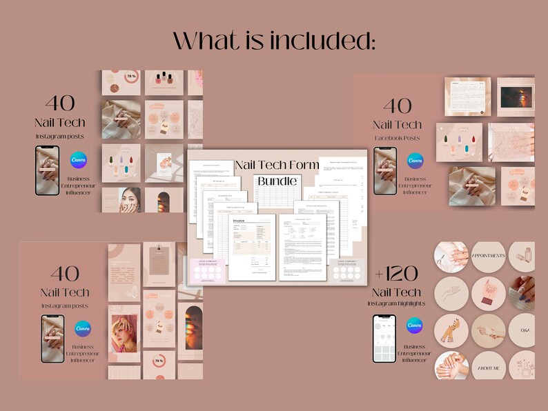 Nail Technician Nail Salon Bundle, Editable Beige Instagram Posts, Highlights, Pinterest ...