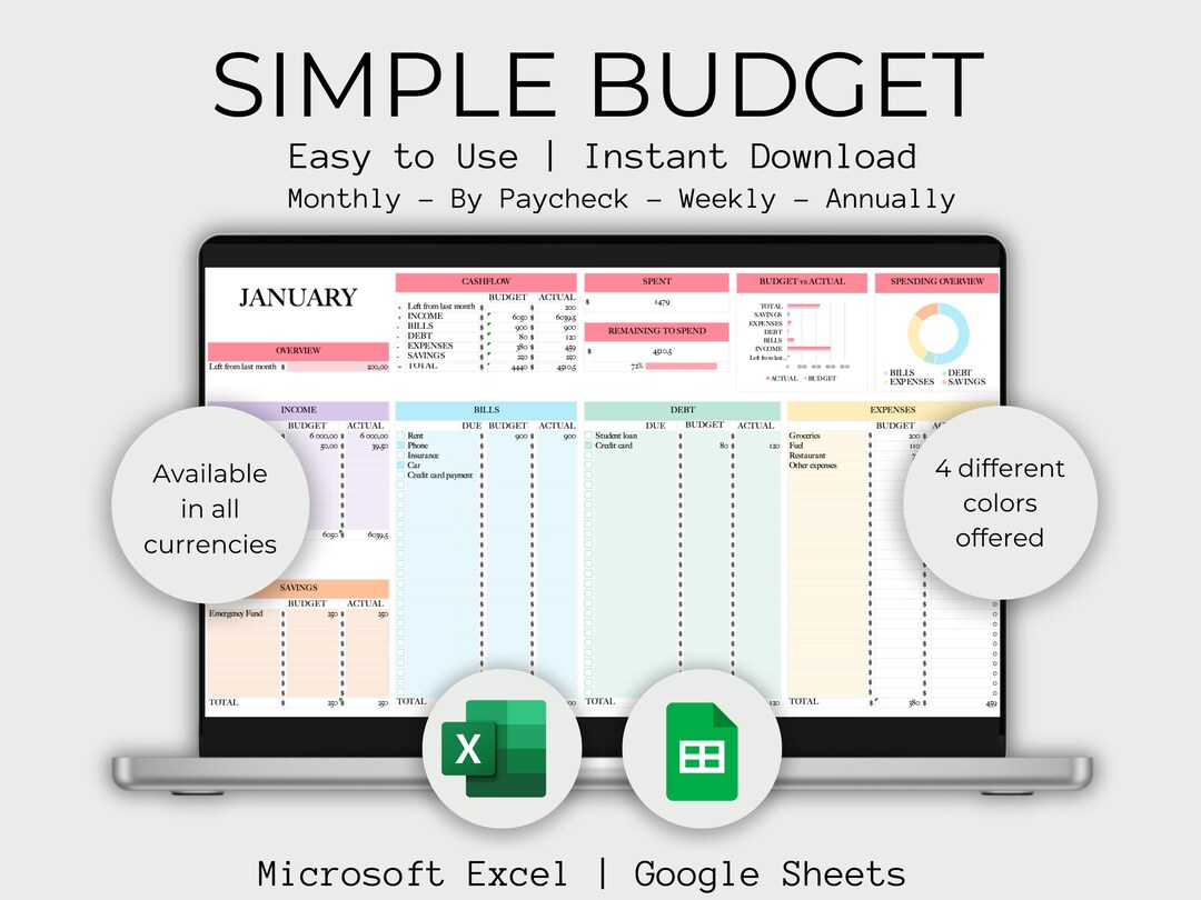 Simple Budget Planner Spreadsheet Excel Google Sheets, Paycheck Monthly ...