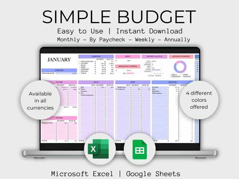 Purple Budget Planner Excel Google Sheets Spreadsheet, Expense Savings ...