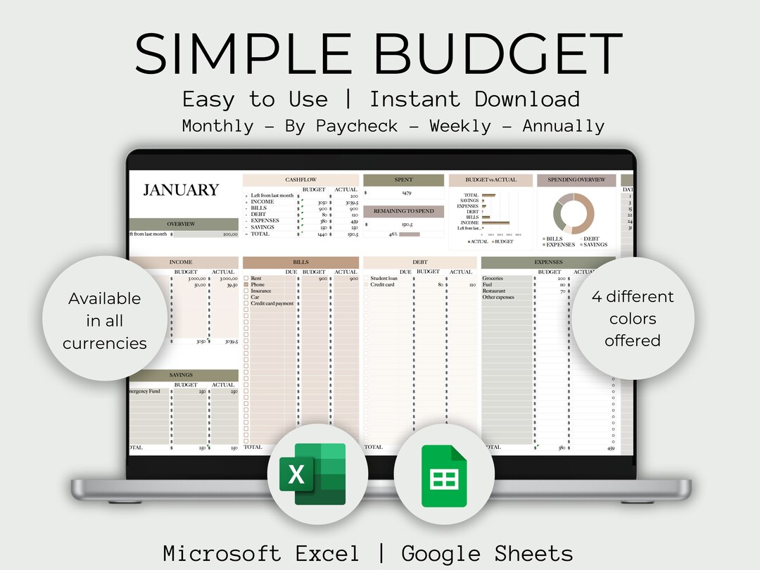 Minimalist Budget Planner Excel Google Sheets Spreadsheet Neutral Beige ...