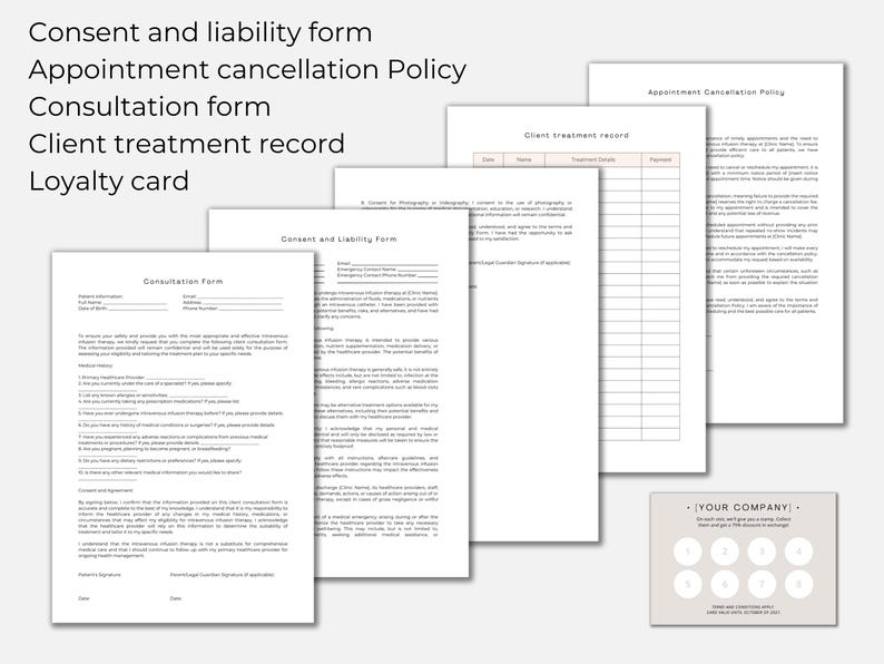 Intravenous Therapy Forms Bundle, Intake, Consent, Photo Video Waiver ...