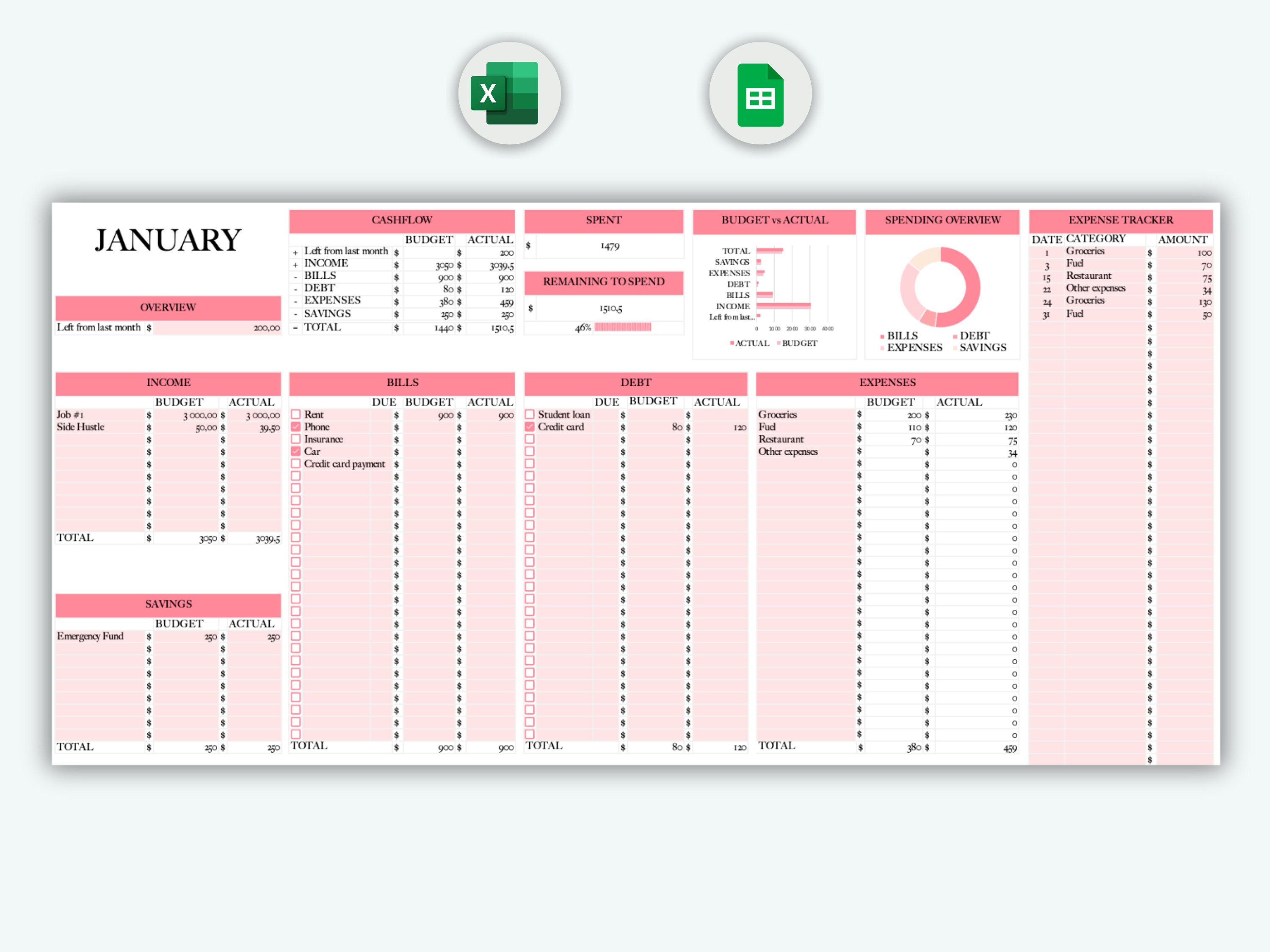 Purple Budget Planner Excel Google Sheets Spreadsheet, Expense Savings ...