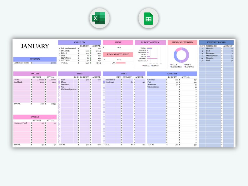 Purple Budget Planner Excel Google Sheets Spreadsheet, Expense Savings ...