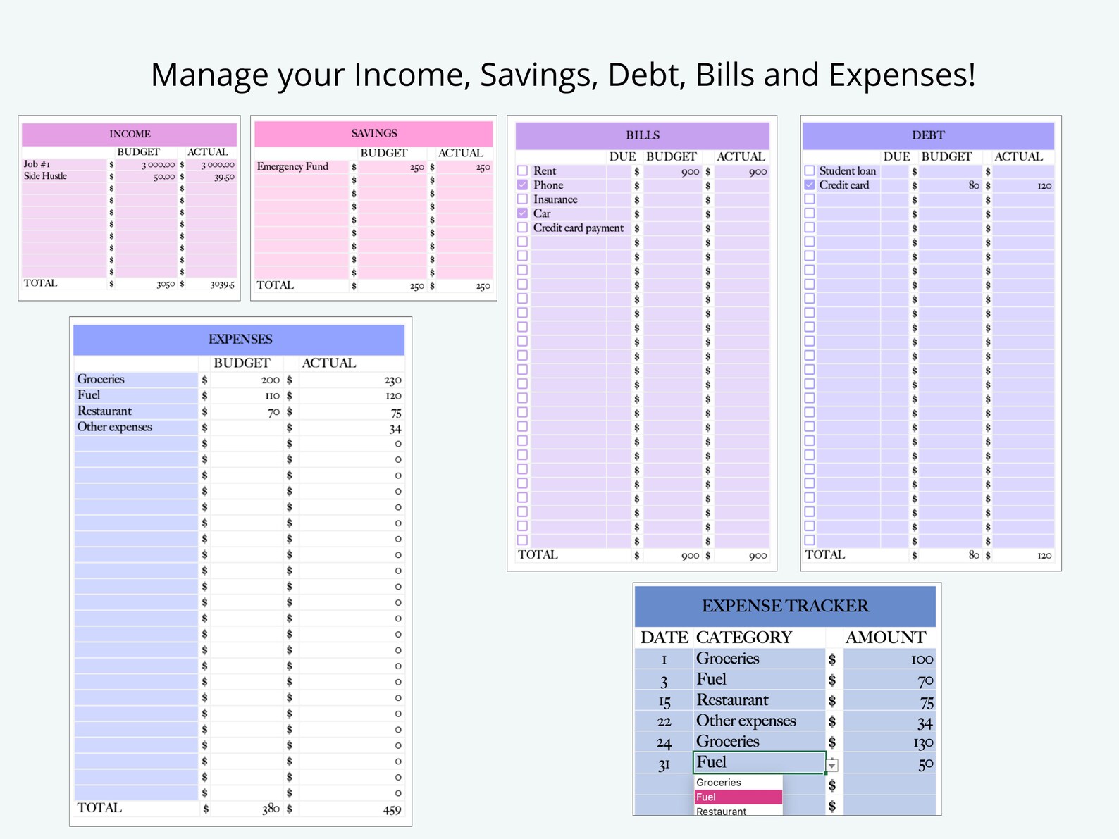 Purple Budget Planner Excel Google Sheets Spreadsheet, Expense Savings ...