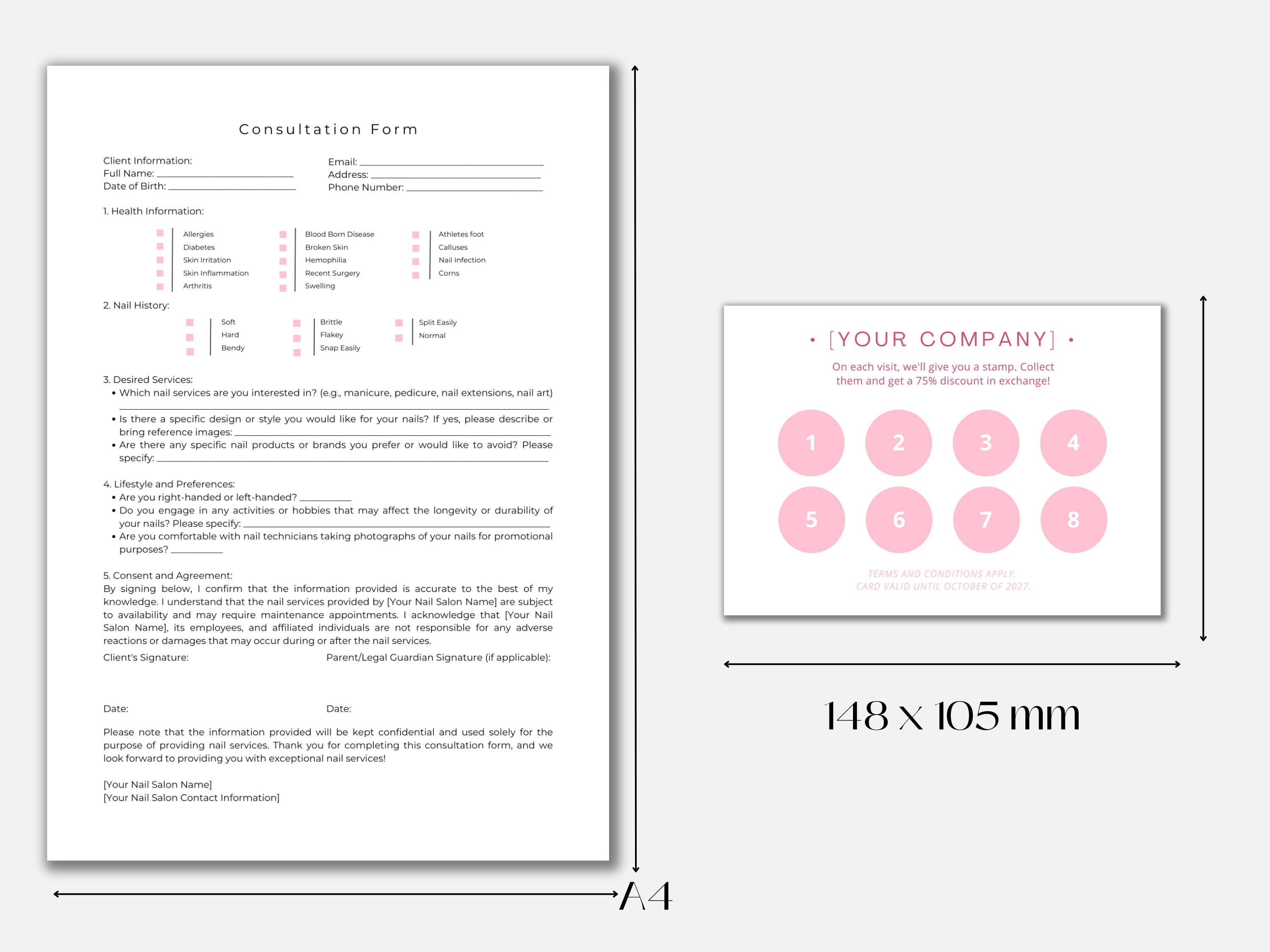 Nail Technician Form Bundle, Pink Editable Printable Canva Template ...