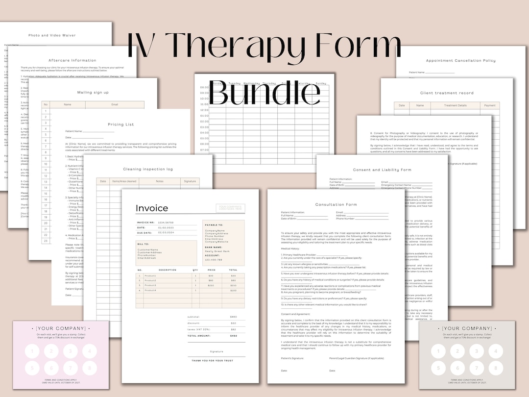 Intravenous Therapy Forms Bundle, Intake, Consent, Photo Video Waiver ...