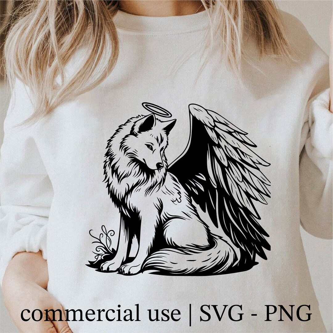 Wolf Angel Wings Svg, Wolf With Wings Svg, Wolf Svg Black and White ...