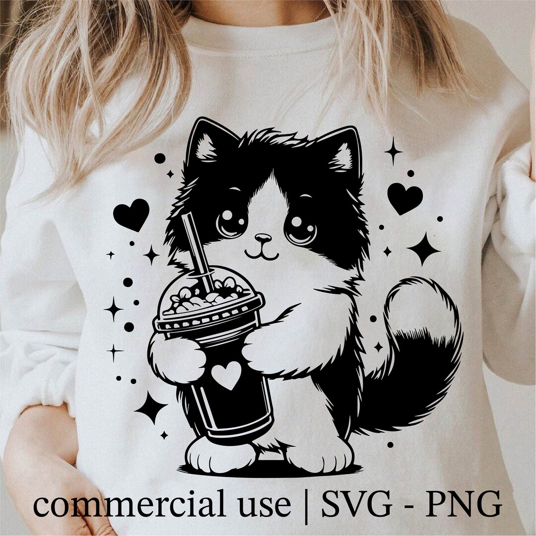 Cat Drinking Coffee Svg, Cute Cat Svg, Cute Cat Png, Cat Lover Svg ...