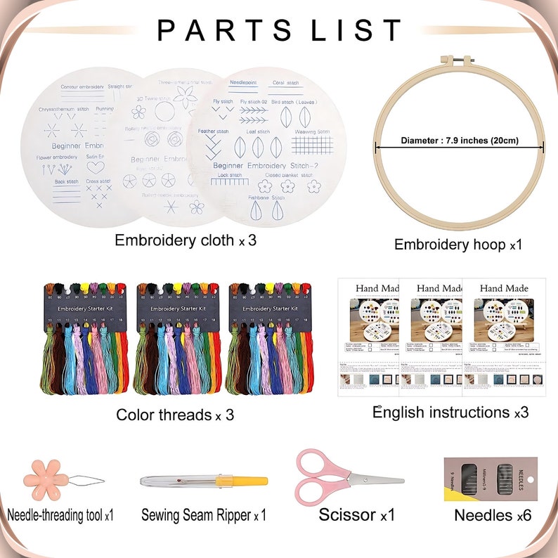 3 Set Beginner Embroidery Kit, Embroidery Starter Kit, Modern ...