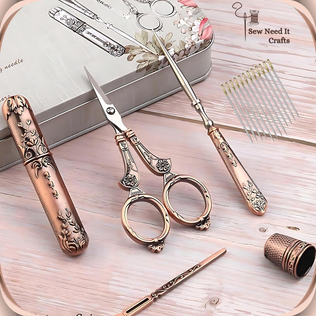 Elegant Metal Engraved Antique & Vintage Style Complete Sewing Set With ...