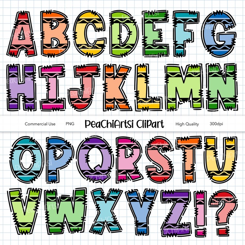 Crayon Alphabet Clipart Set - Doodle Rainbow Font Graphic - Crayon ...