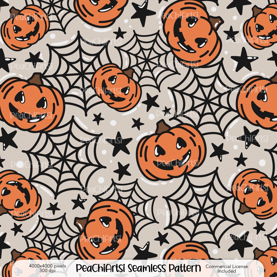 Retro Halloween Seamless Pattern - Starry Pumpkin Seamless Design ...
