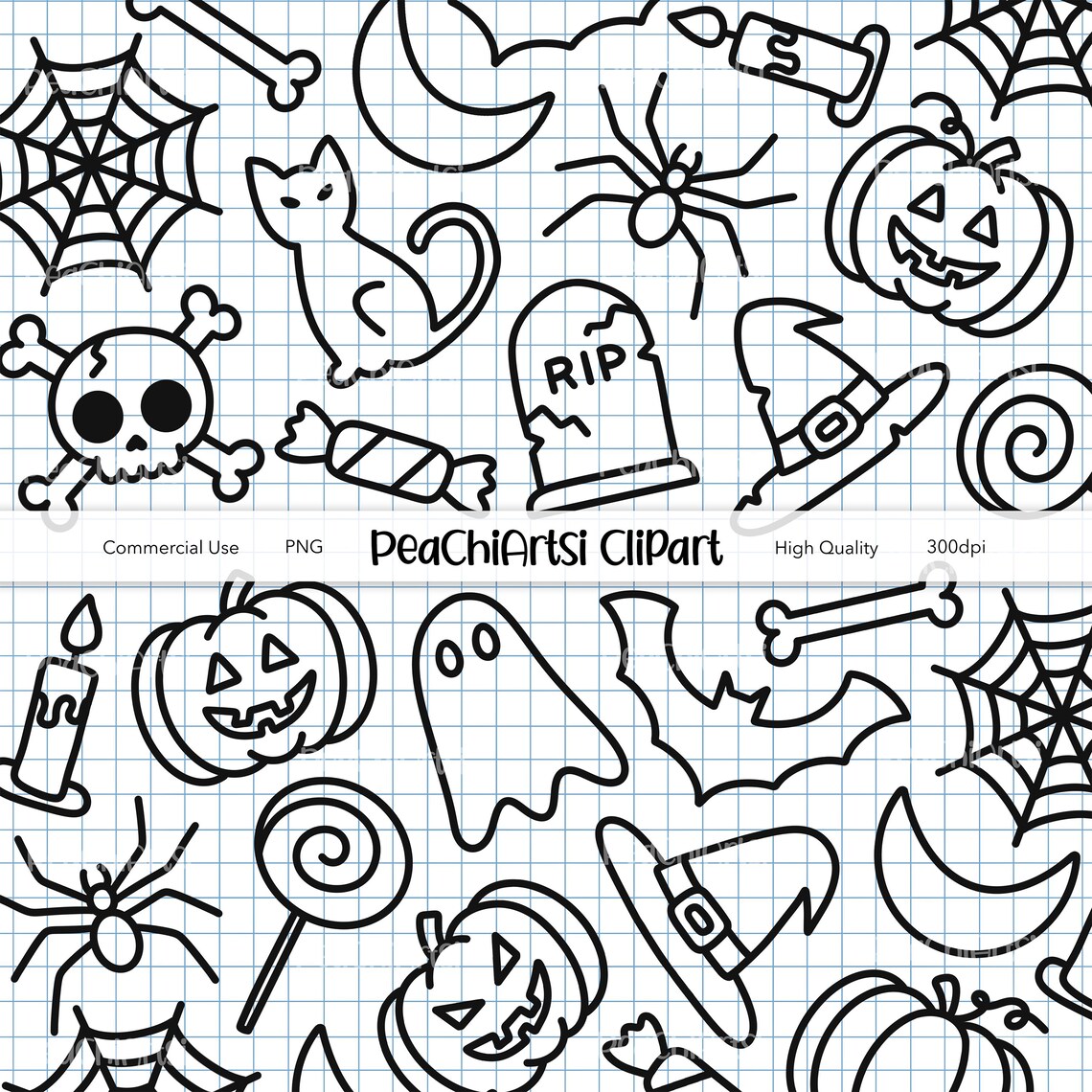 Halloween Clipart Set - October Doodle Clipart - Coloring Page Graphics ...