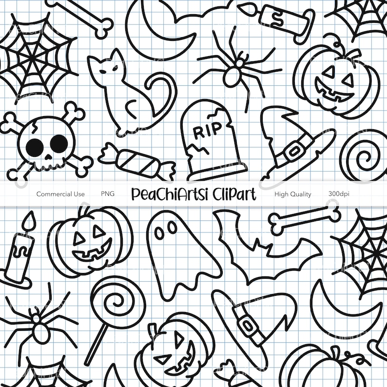 Halloween Clipart Set - October Doodle Clipart - Coloring Page Graphics ...