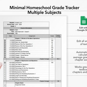 Minimal Homeschool Grade Tracker Template - Google Sheets Student ...