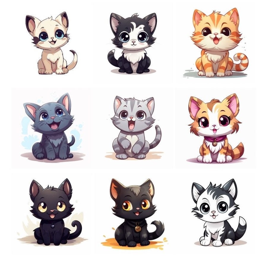 Cute Cat Digital Designs Chibi Cats Cute Vectors Cat - Etsy