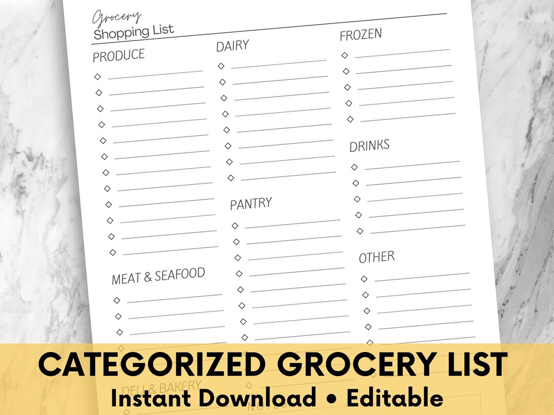 Categorized Grocery List Template | Grocery Shopping List | Grocery ...