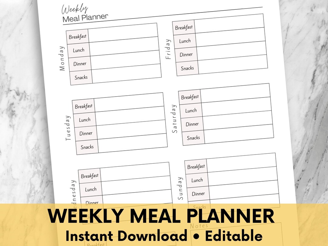 Weekly Meal Planner Printable | 7 Day Meal Planner | Menu Planner ...