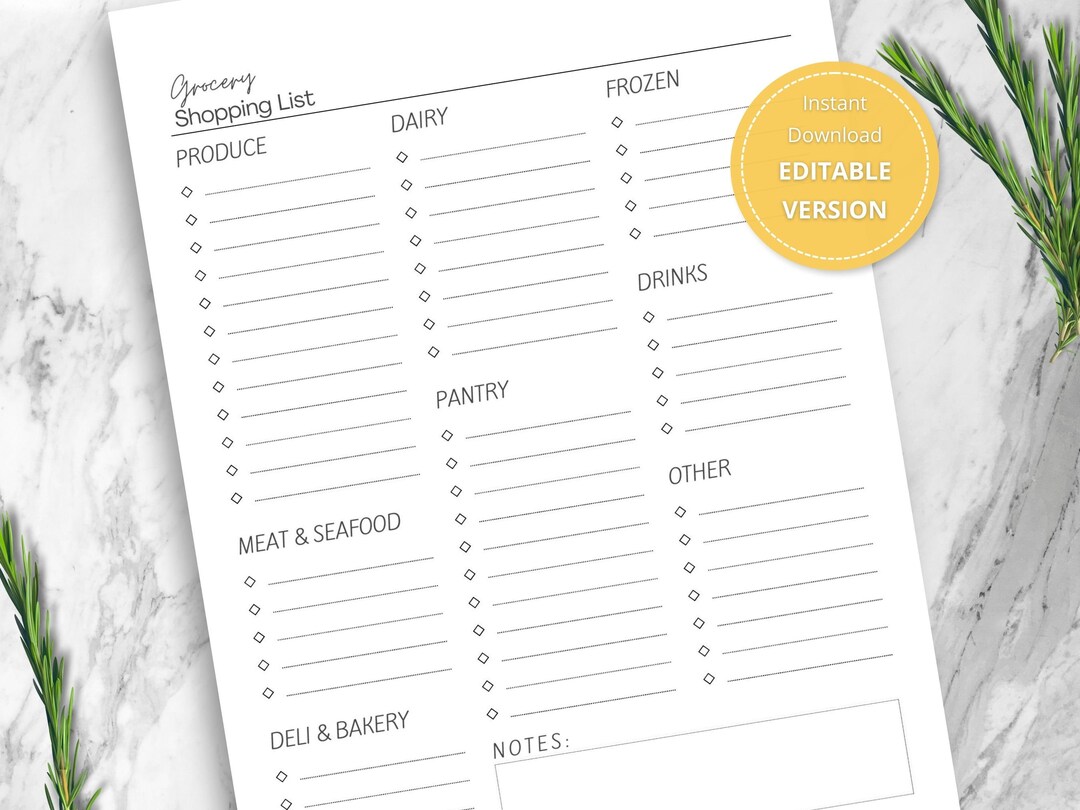 Categorized Grocery List Template Grocery Shopping List - Etsy