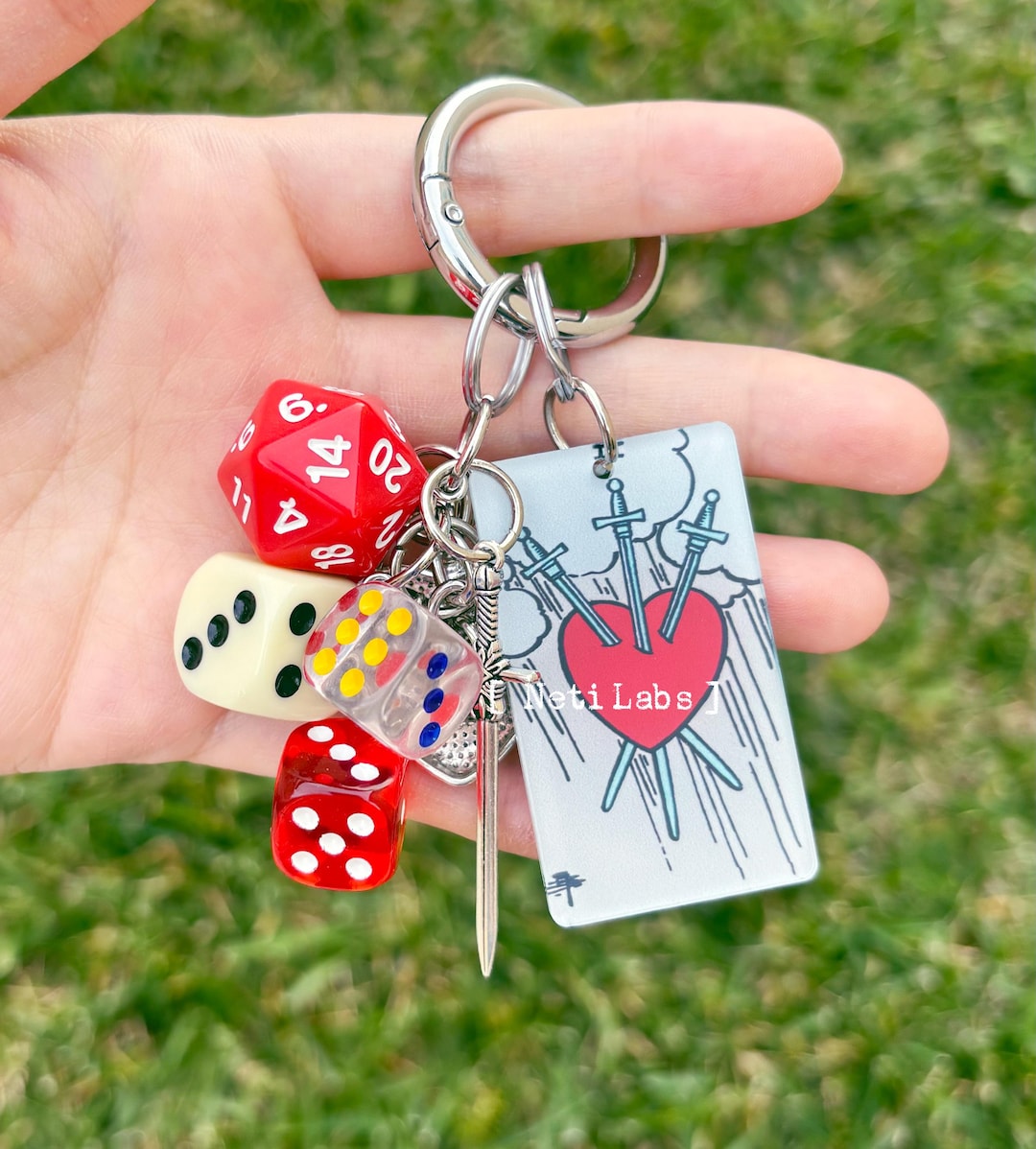 Three of Swords Tarot Card Lucky Dice Acrylic Keychain, Rider Waite ...