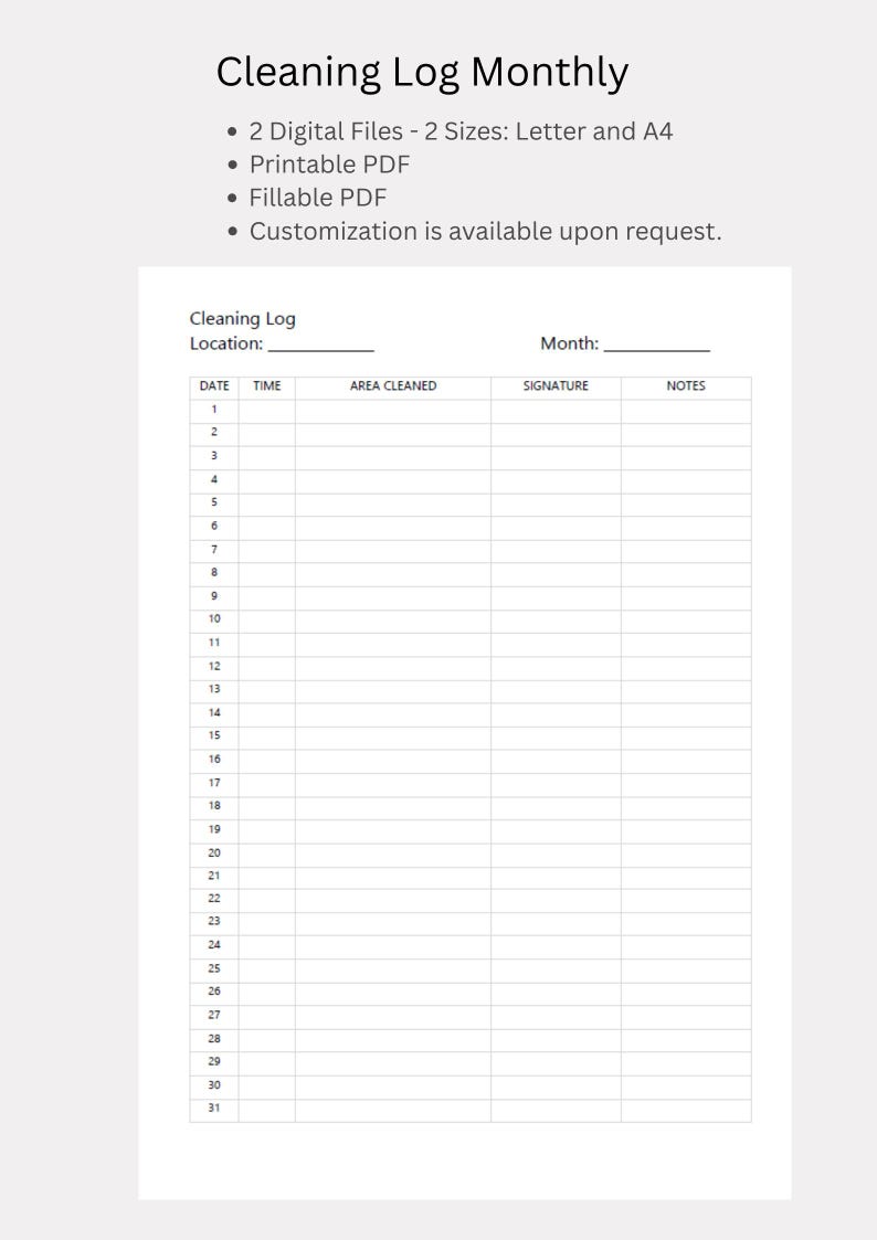 Monthly Cleaning Log – Fillable & Printable | A4 and US Letter Size - Etsy