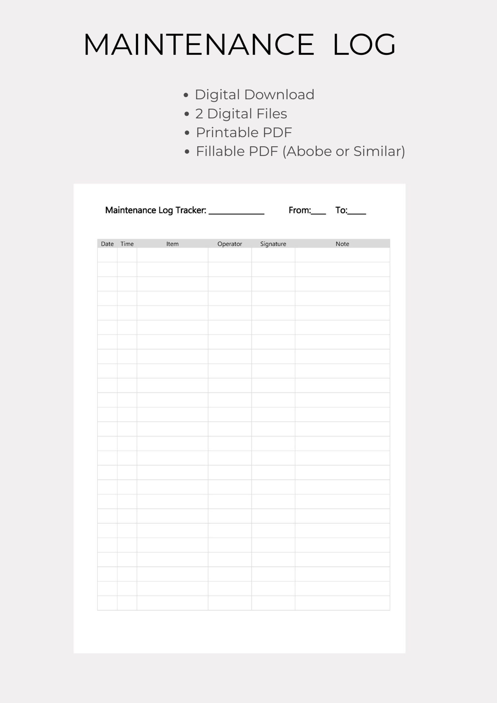 Maintenance Log Tracker: Printable & Fillable PDF - A4 and Letter Size ...