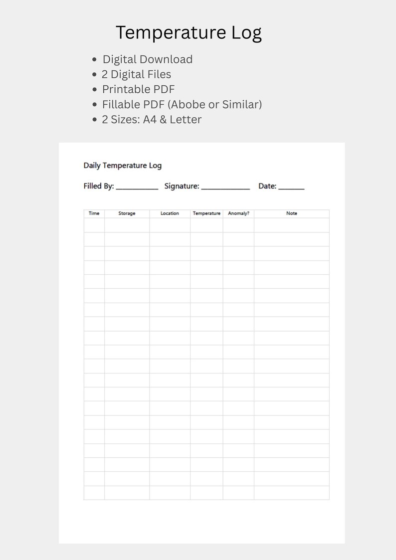Daily Temperature Log | Printable and Fillable PDF (A4 & Letter Sizes ...