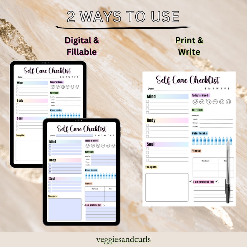 Daily Self-care Checklist & Mood Tracker | Mind-body-soul | Daily Reflection | Health and ...