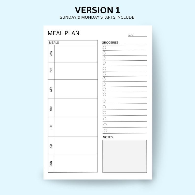 Weekly Meal Planner With Grocery List Printable Template, 7 Day Menu ...