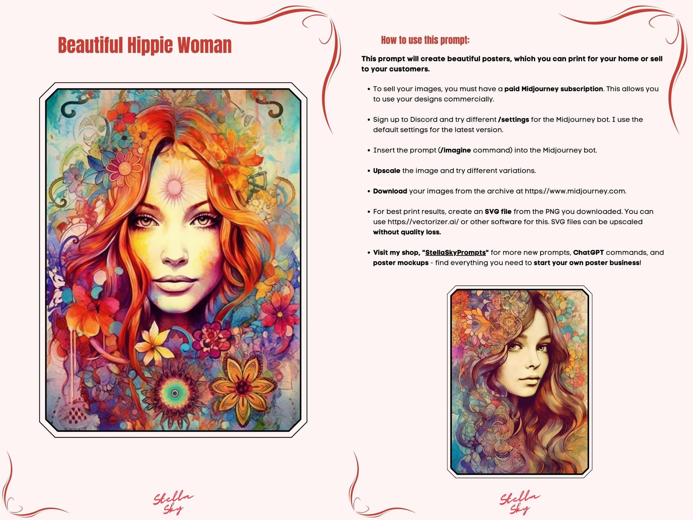 Midjourney Prompt beautiful Hippie Woman Portrait Poster Prompt AI Art ...