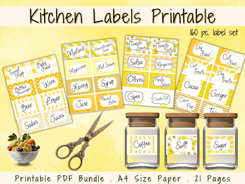 Yellow Kitchen Printable Labels INSTANT DOWNLOAD, Pantry Labels, Modern ...