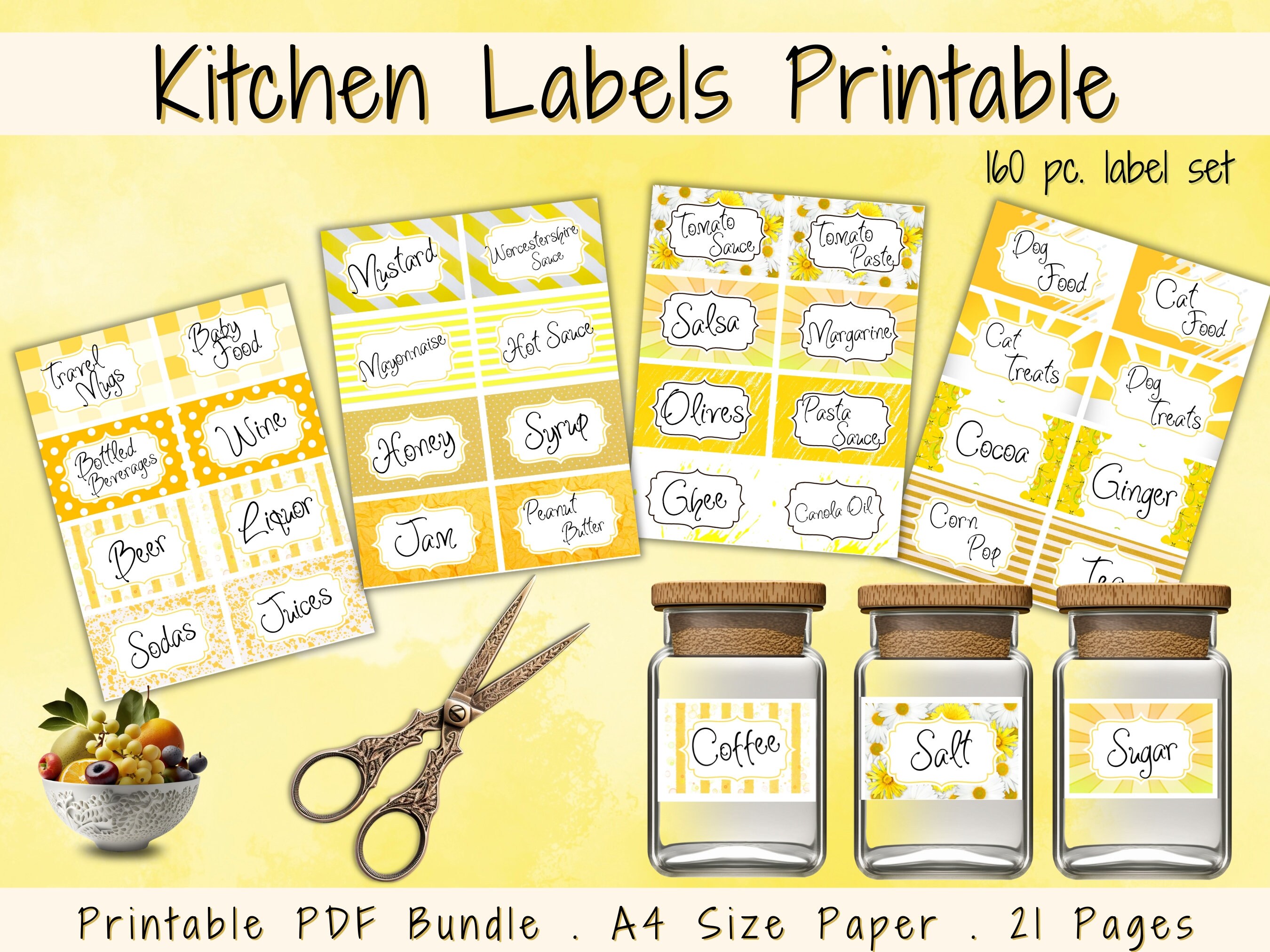 Yellow Kitchen Printable Labels INSTANT DOWNLOAD, Pantry Labels, Modern ...