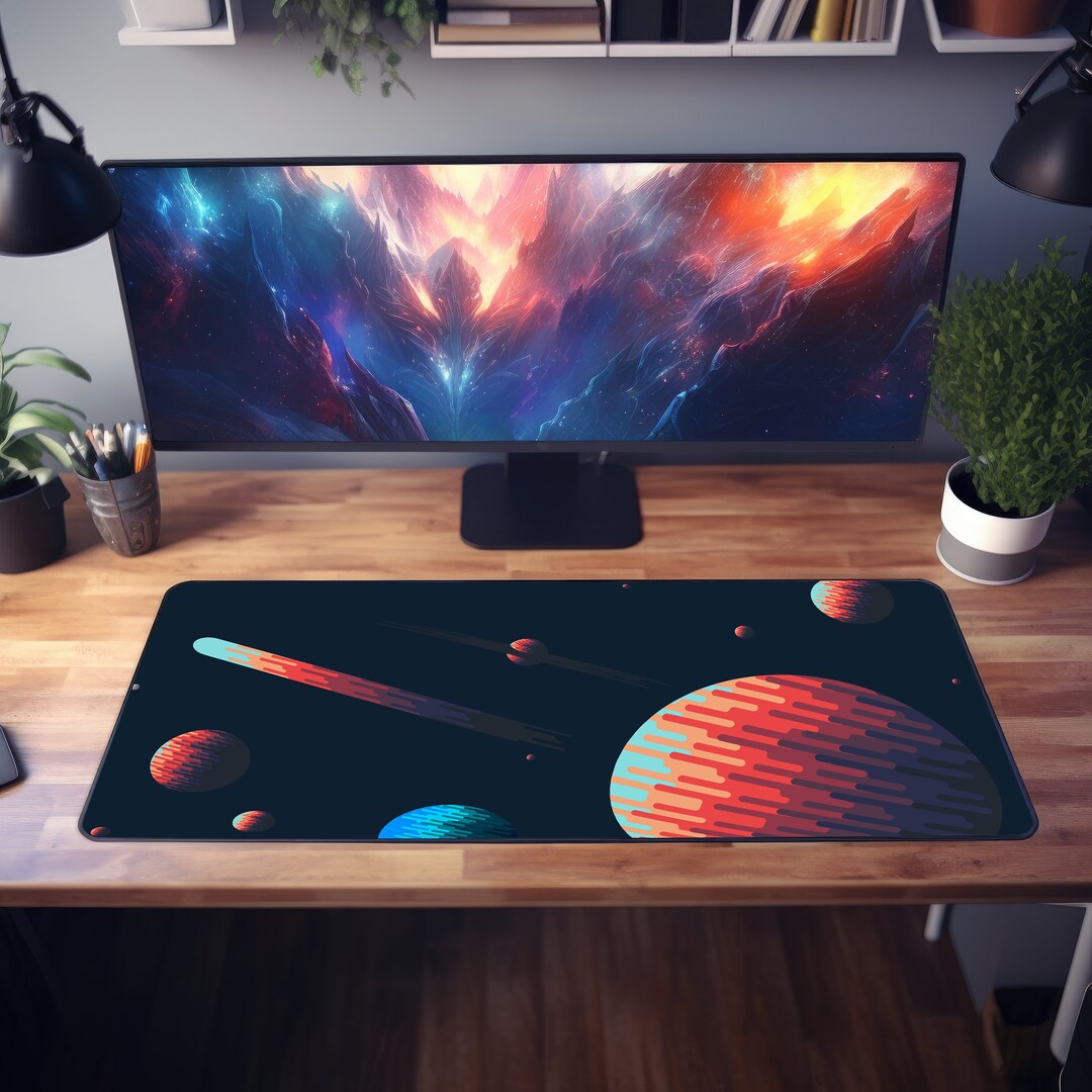 Vibrant Space Art Desk Mat Planets, Moons & Comet Galactic Workspace ...