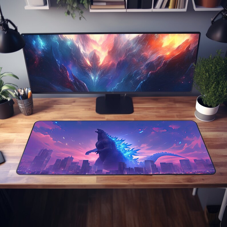 Pastel Godzilla Desk Mat Soft Colors in Tokyo Large Mouse Pad Unique ...