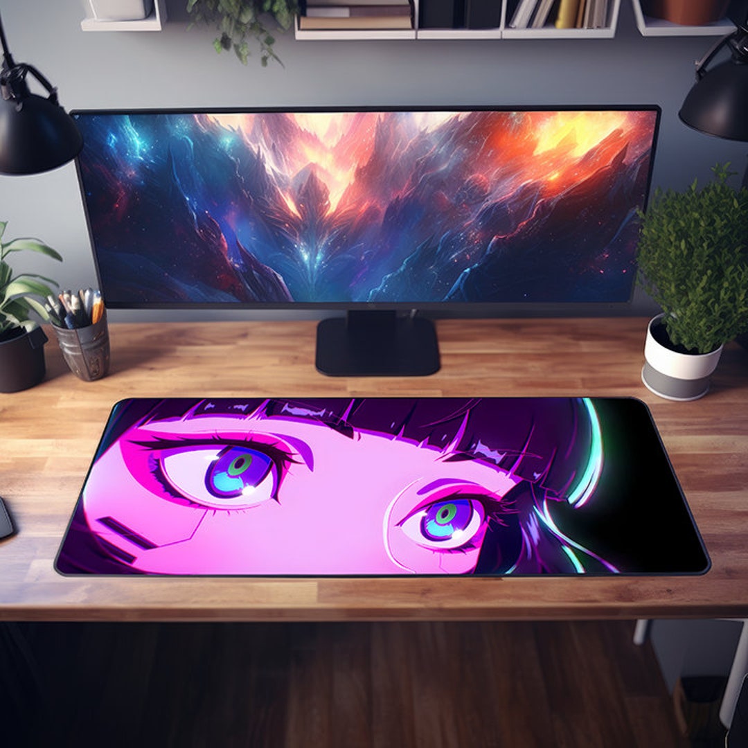 Cyberpunk Desk Mat Pink & Blue Aesthetics Gaming Art Large Computer Pad ...