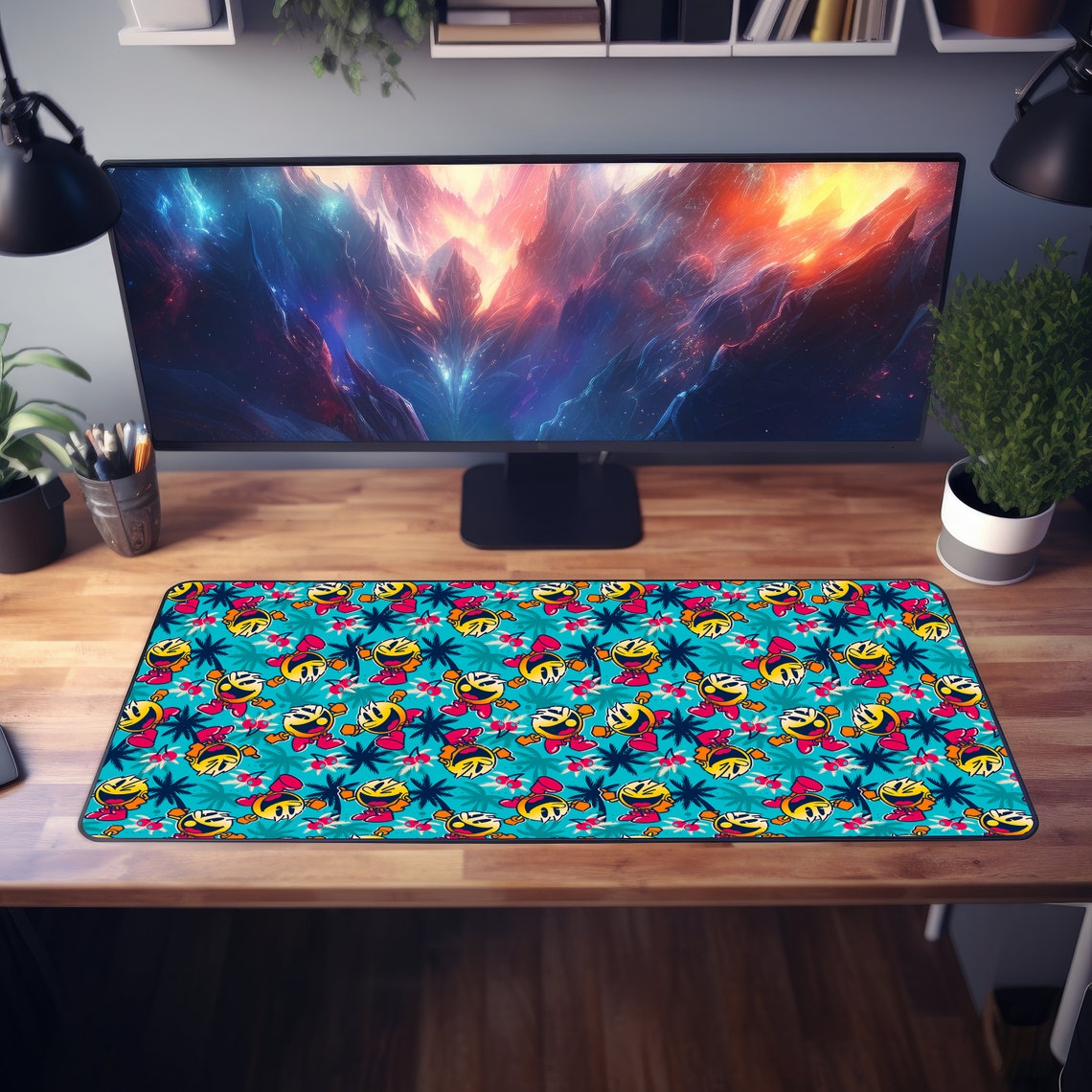 Tropical Pac-man Desk Mat Winking & Thumbs up Cherry Pattern Fun Arcade ...