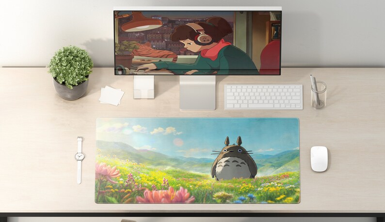 Totoro Desk Mat Studio Ghibli Inspired Large Mouse Pad, Colorful Flower Field and Mountain Scene ...